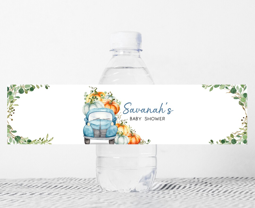 Editable Blue Truck Pumpkin Baby Shower Bottle Label, Fall Baby Shower ...