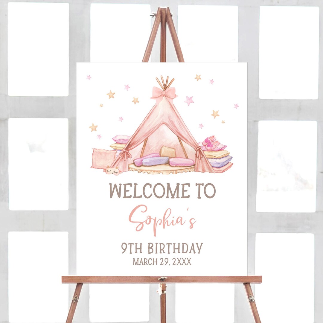 Editable Sleepover Party Birthday Welcome Sign, Girl Slumber Party Sign ...