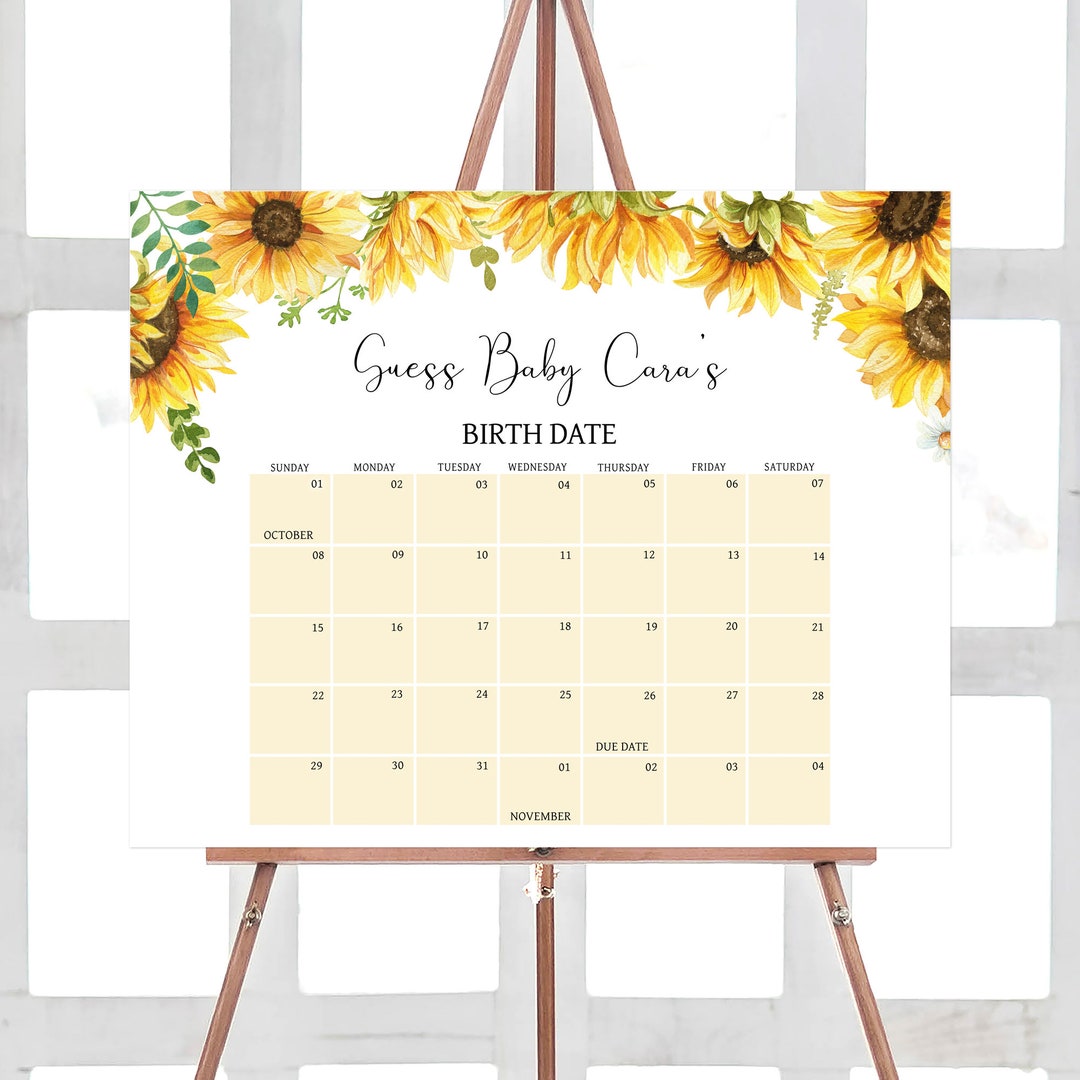 Editable Sunflower Baby Shower Due Date Calendar, Sunflowers Girl ...