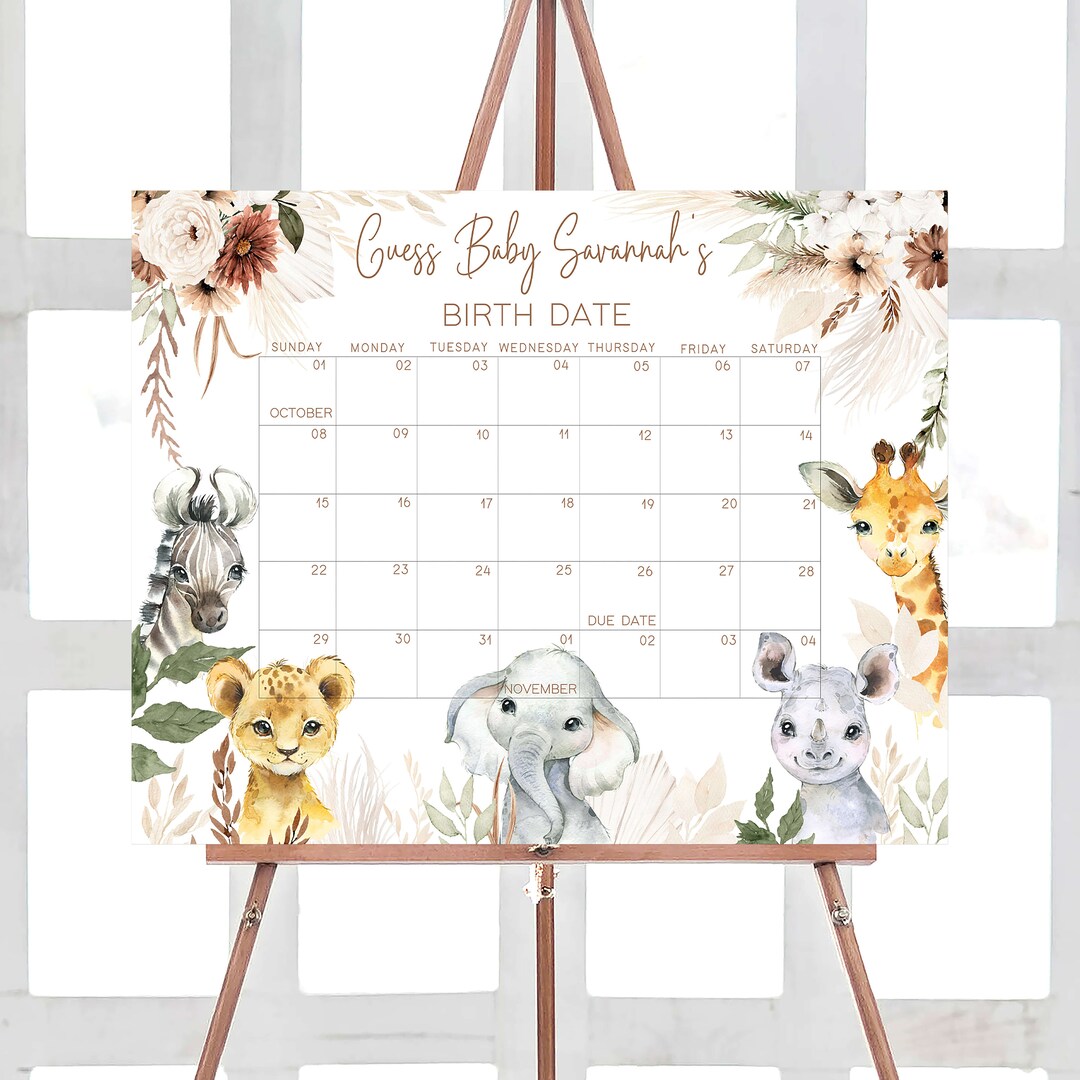 Editable Boho Safari Baby Shower Due Date Calendar, Boho Jungle Baby ...