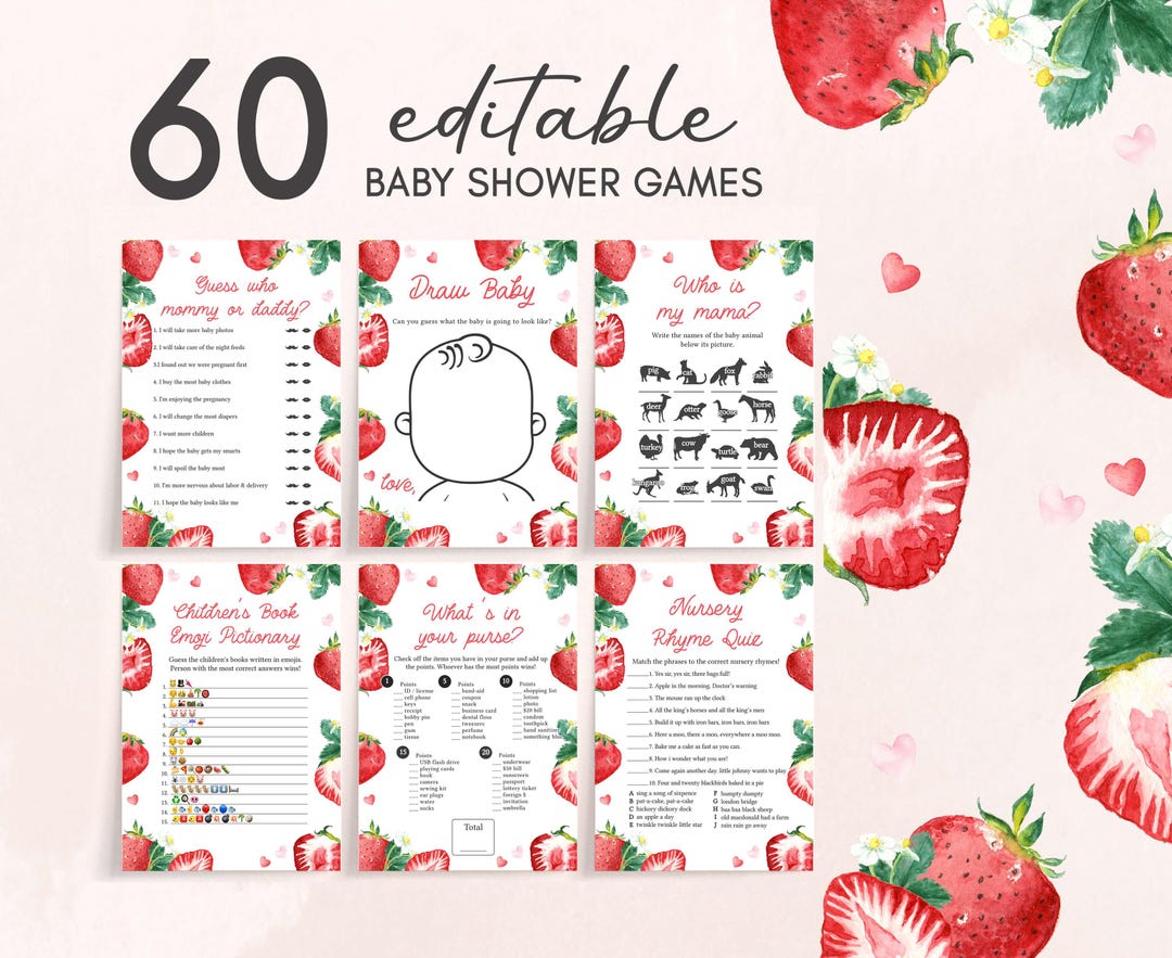 Editable Berry Sweet Baby Shower Games Bundle, Strawberry Baby Shower ...