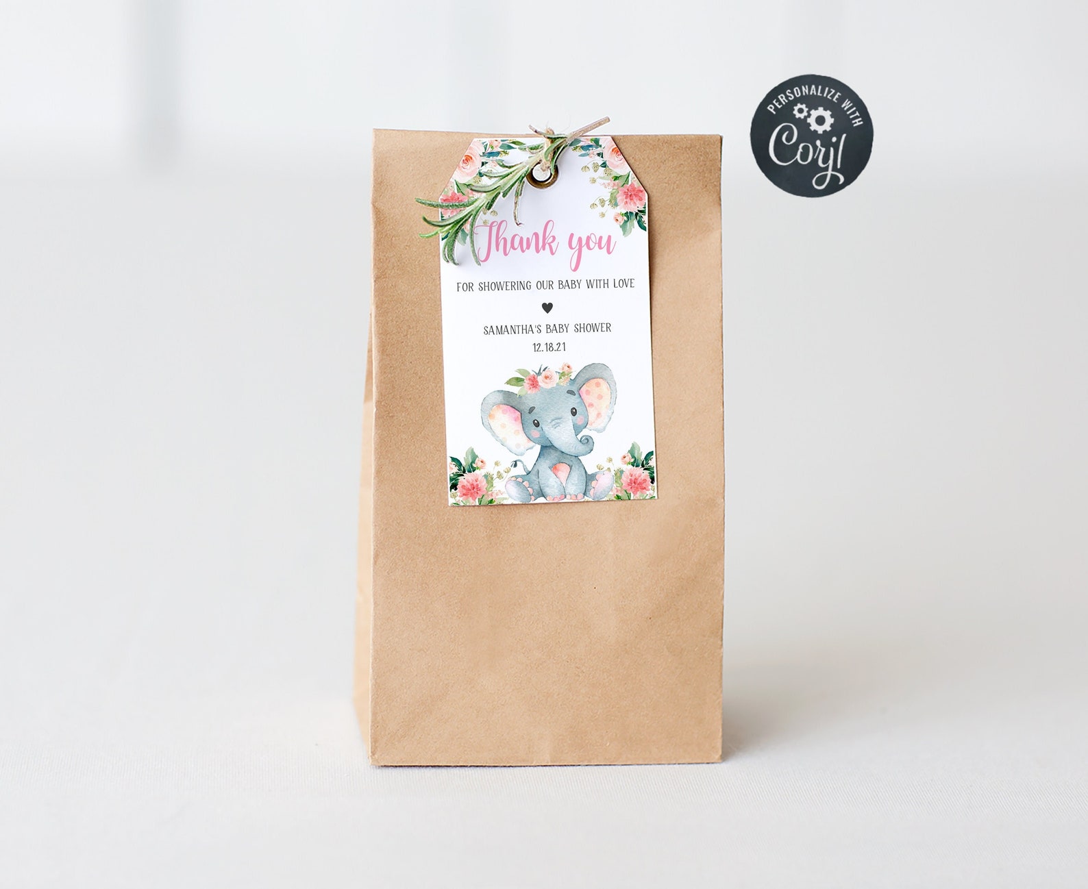 Editable Pink Elephant Baby Shower Favor Tags, Blush Floral Elephant ...