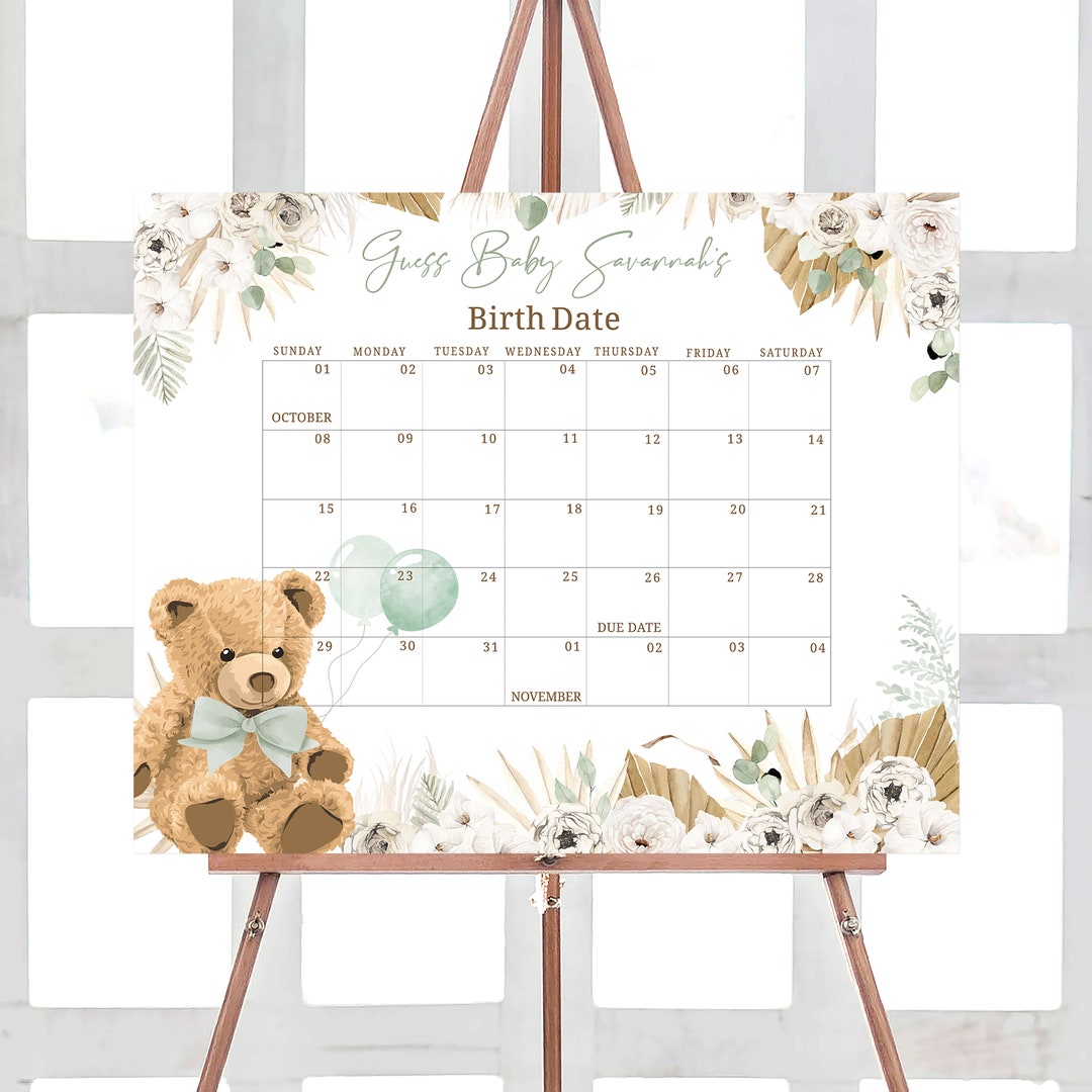 Editable Gender Neutral Bear Baby Shower Due Date Calendar, We Can ...