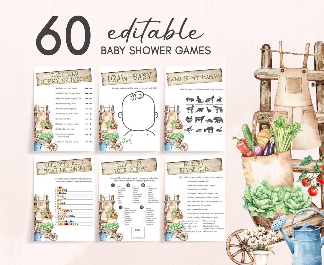Editable Rustic Locally Grown Baby Shower Games Bundle, Farmers Market ...