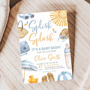 Editable Boy Splish Splash Baby Shower Invitation Bundle, Blue Beach ...