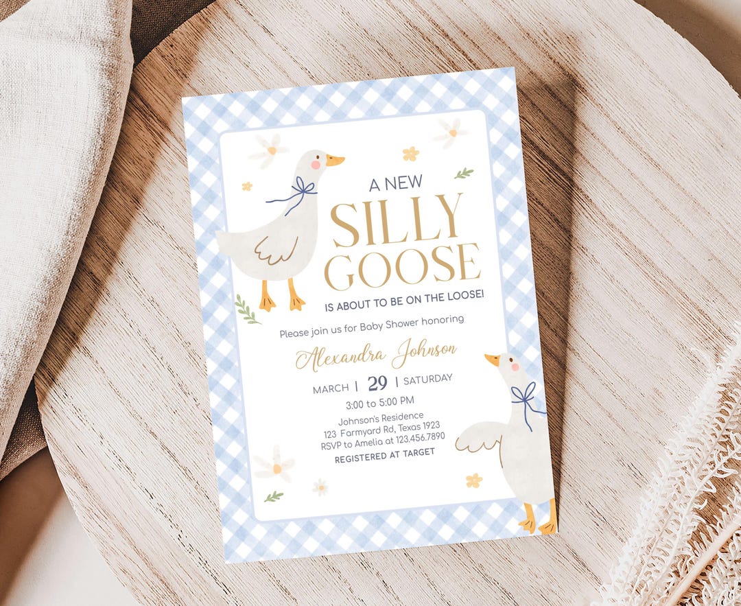 Editable Silly Goose Baby Shower Invitation, Baby Goose Blue Gingham ...