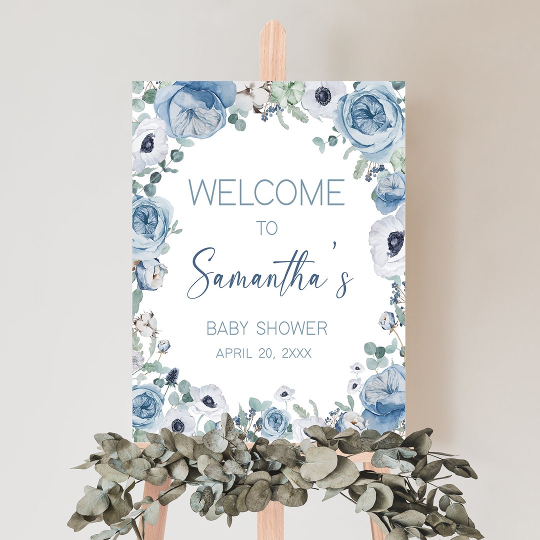 Editable Blue Baby in Bloom Baby Shower Welcome Sign, Boy Spring ...
