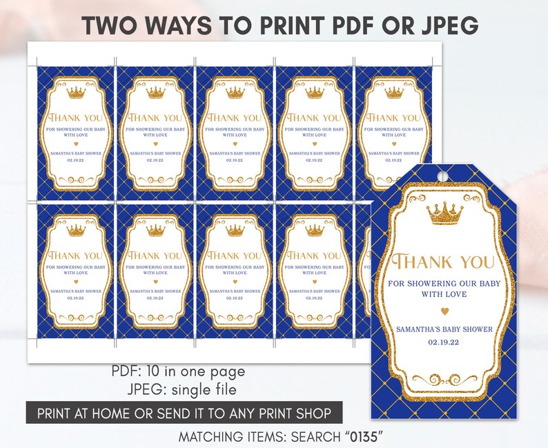 Editable Royal Prince Baby Shower Favor Tag Crown Navy and - Etsy