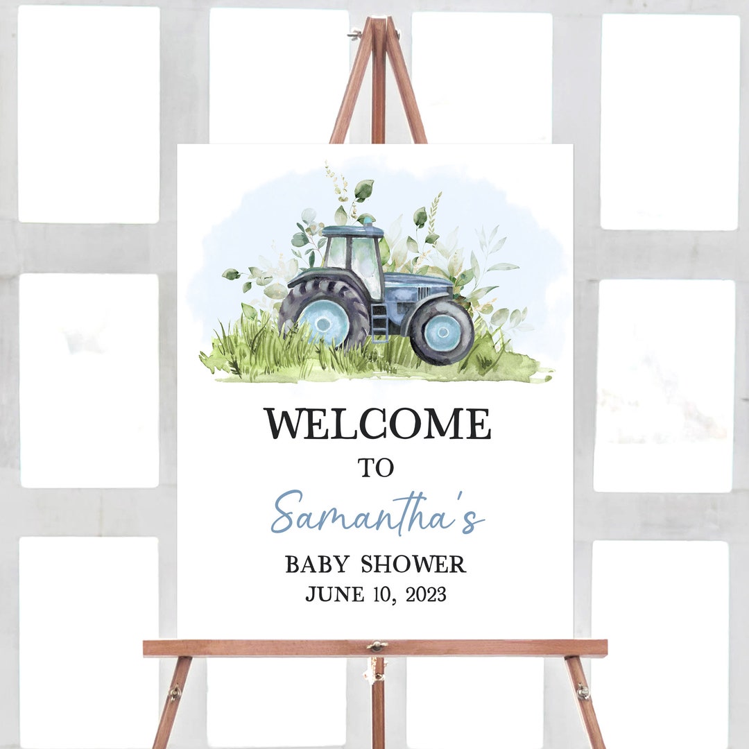 Editable Blue Tractor Baby Shower Welcome Sign, Farm Baby Shower ...