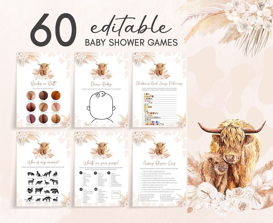 Editable Boho Highland Cow Baby Shower Games Bundle, Gender Neutral ...