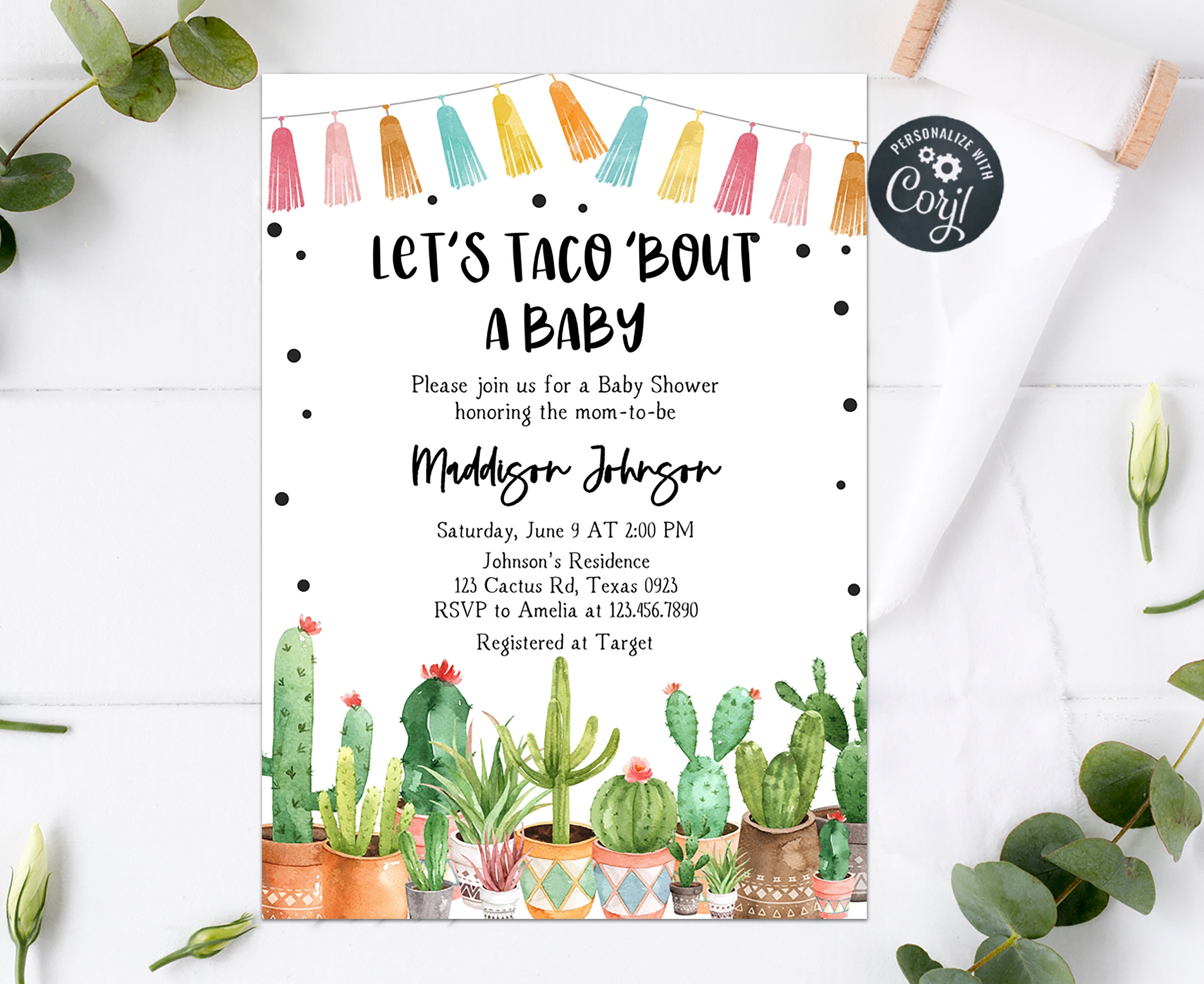 Editable Fiesta Cactus Baby Shower Invitation Set Taco Bout | Etsy