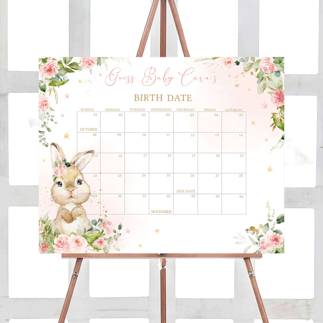 Editable Bunny Girl Baby Shower Due Date Calendar, Pink Floral Baby ...