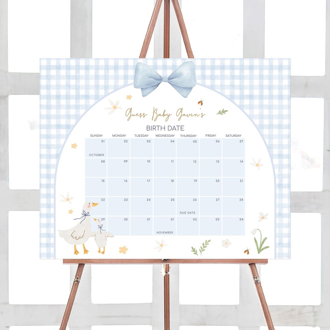 Editable Silly Goose Baby Shower Due Date Calendar, Gingham Daisy Goose ...