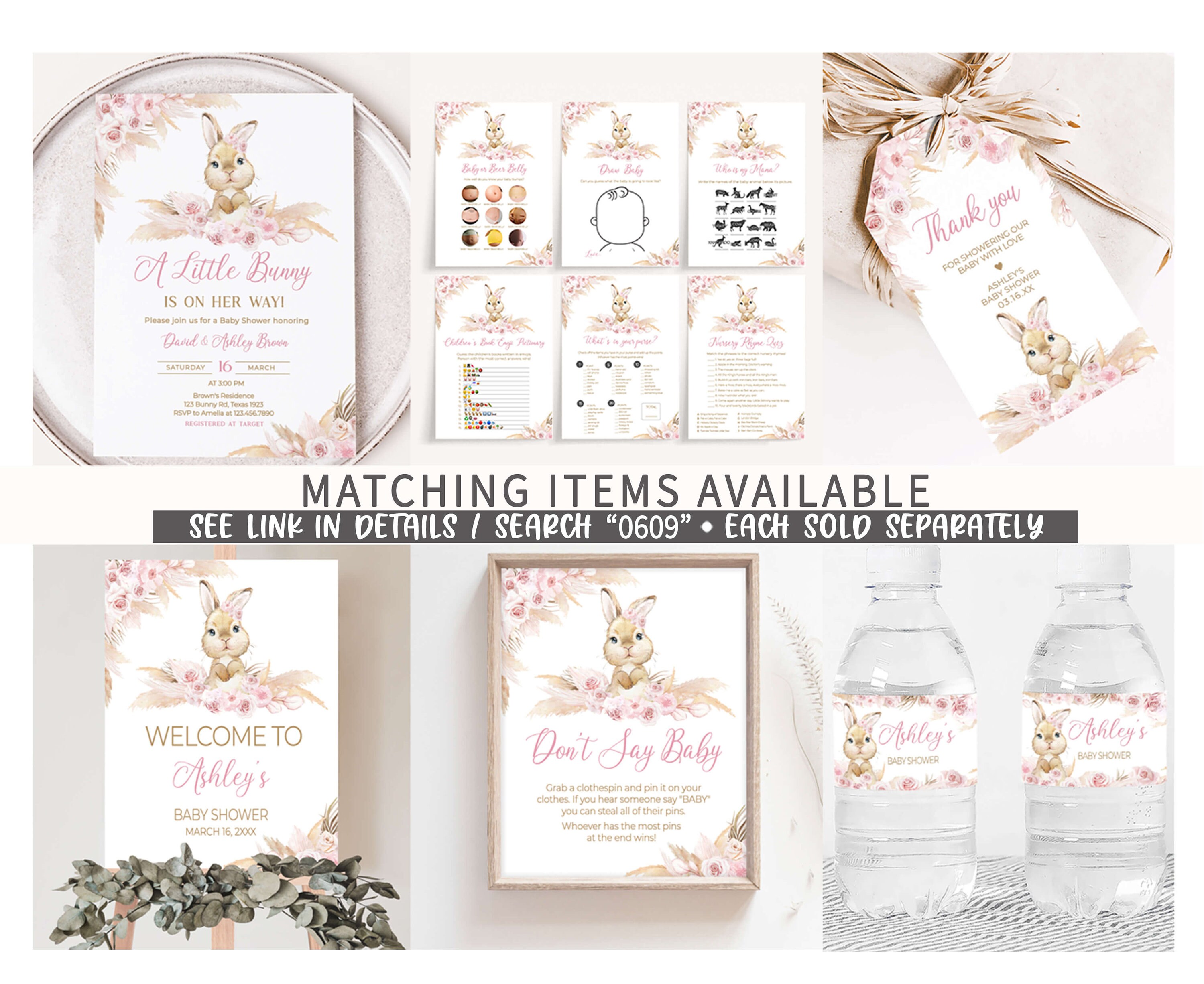 Editable Girl Rabbit Baby Shower Games Bundle, Pink Boho Rabbit Baby ...