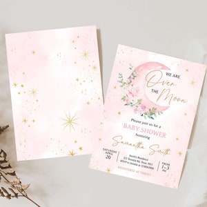 Editable Pink Moon and Stars Baby Shower Invitation, We Are Over the ...