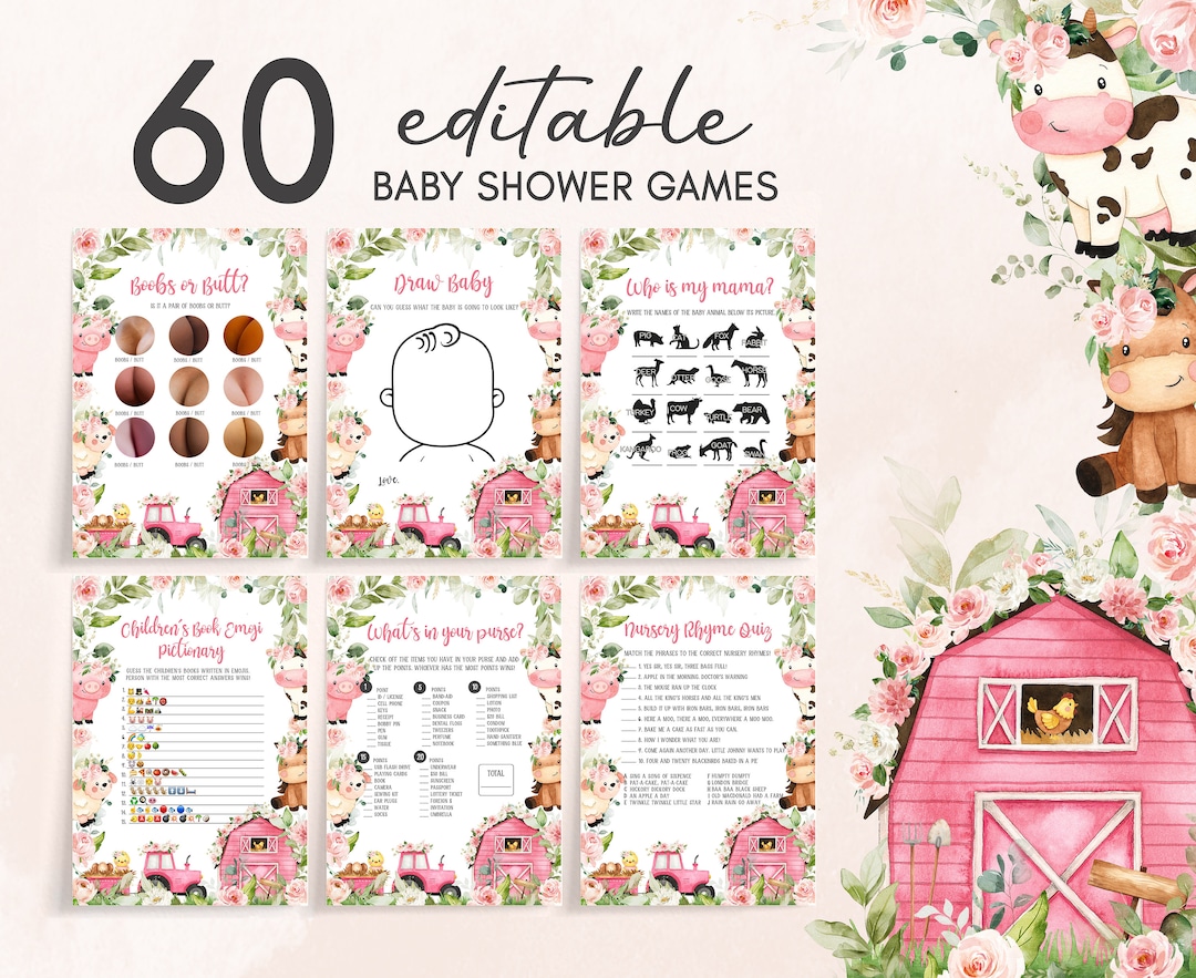 Editable Farm Baby Shower Games Bundle, Floral Pink Barnyard Baby ...