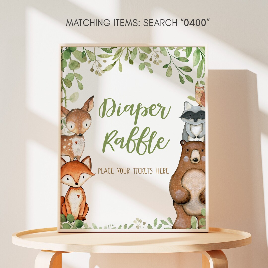 Diaper Raffle Sign Woodland Baby Shower, Greenery Woodland Animals Baby ...