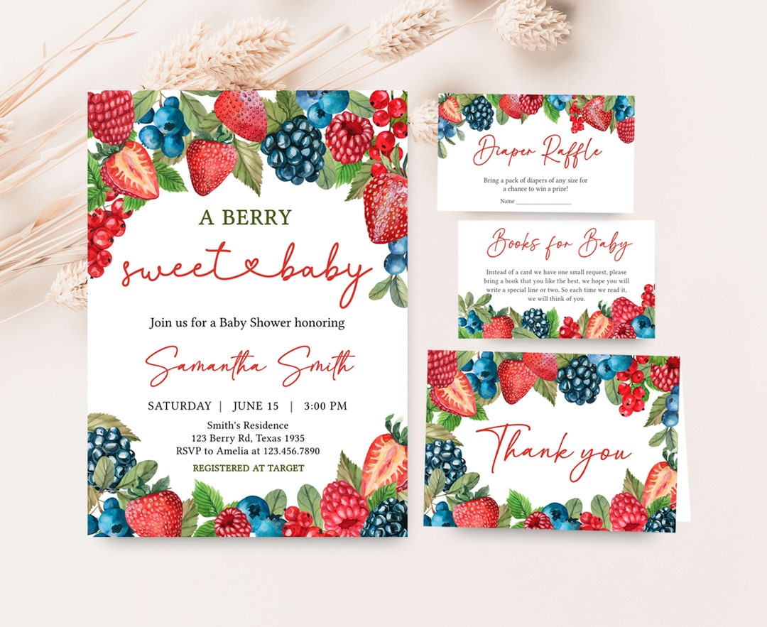 Editable Berry Sweet on the Way Baby Shower Invitation Bundle ...