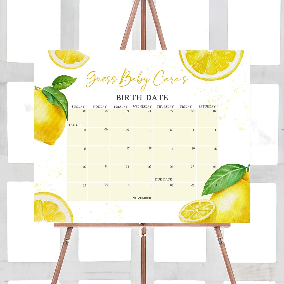 Editable Lemon Baby Shower Due Date Calendar, Minimalist Lemonade Baby ...
