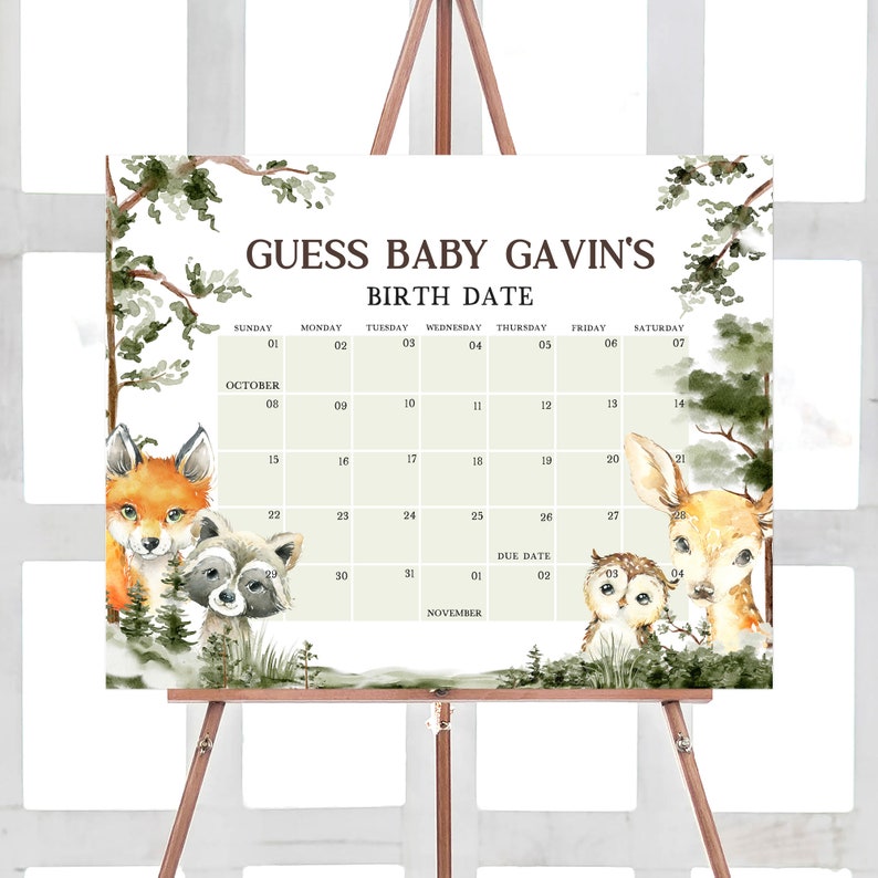 Editable Boy Woodland Baby Shower Due Date Calendar, Woodland Animals ...