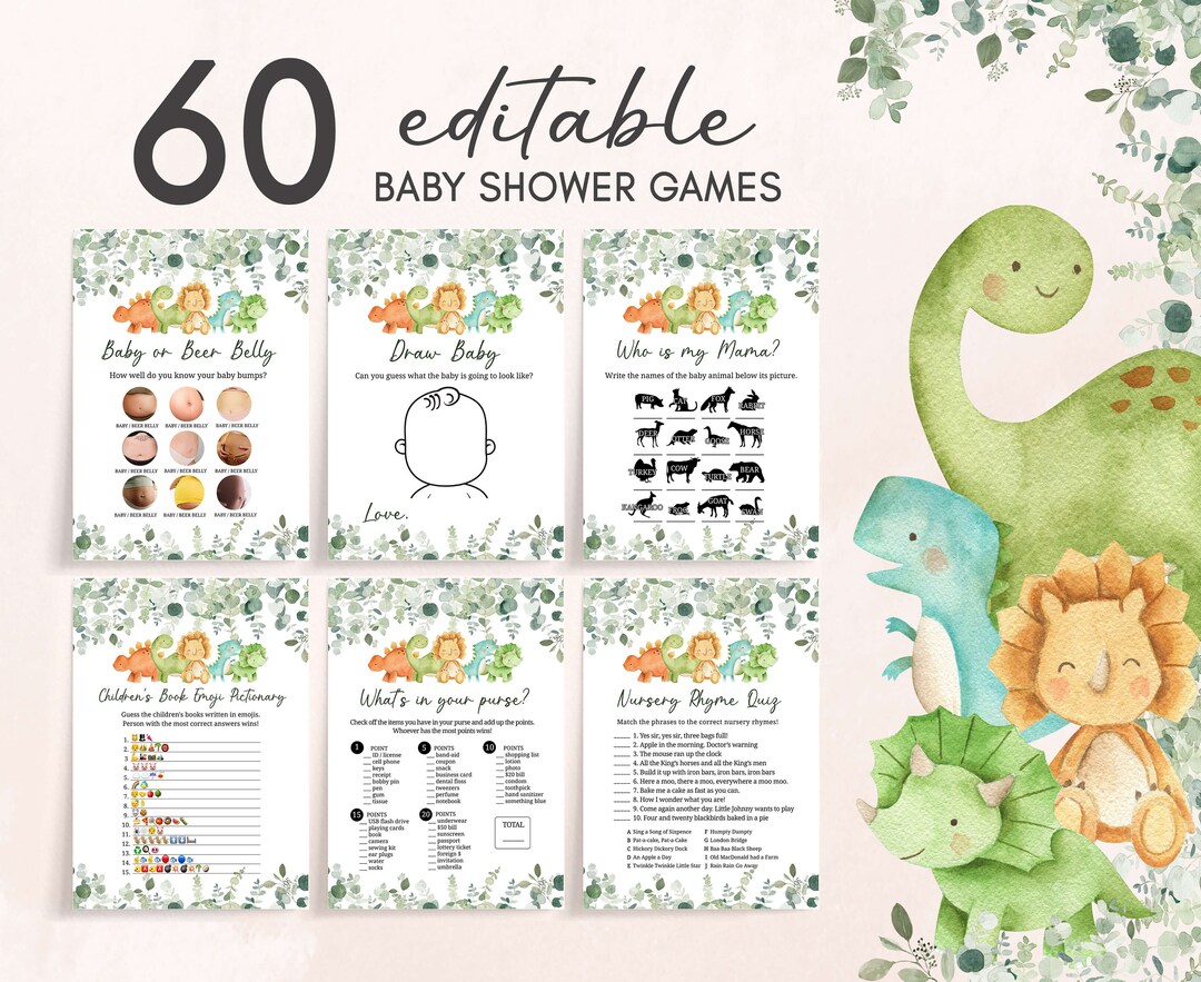 Dinosaur Baby Shower Games Bundle, Dino Baby Shower Game Pack, Greenery ...