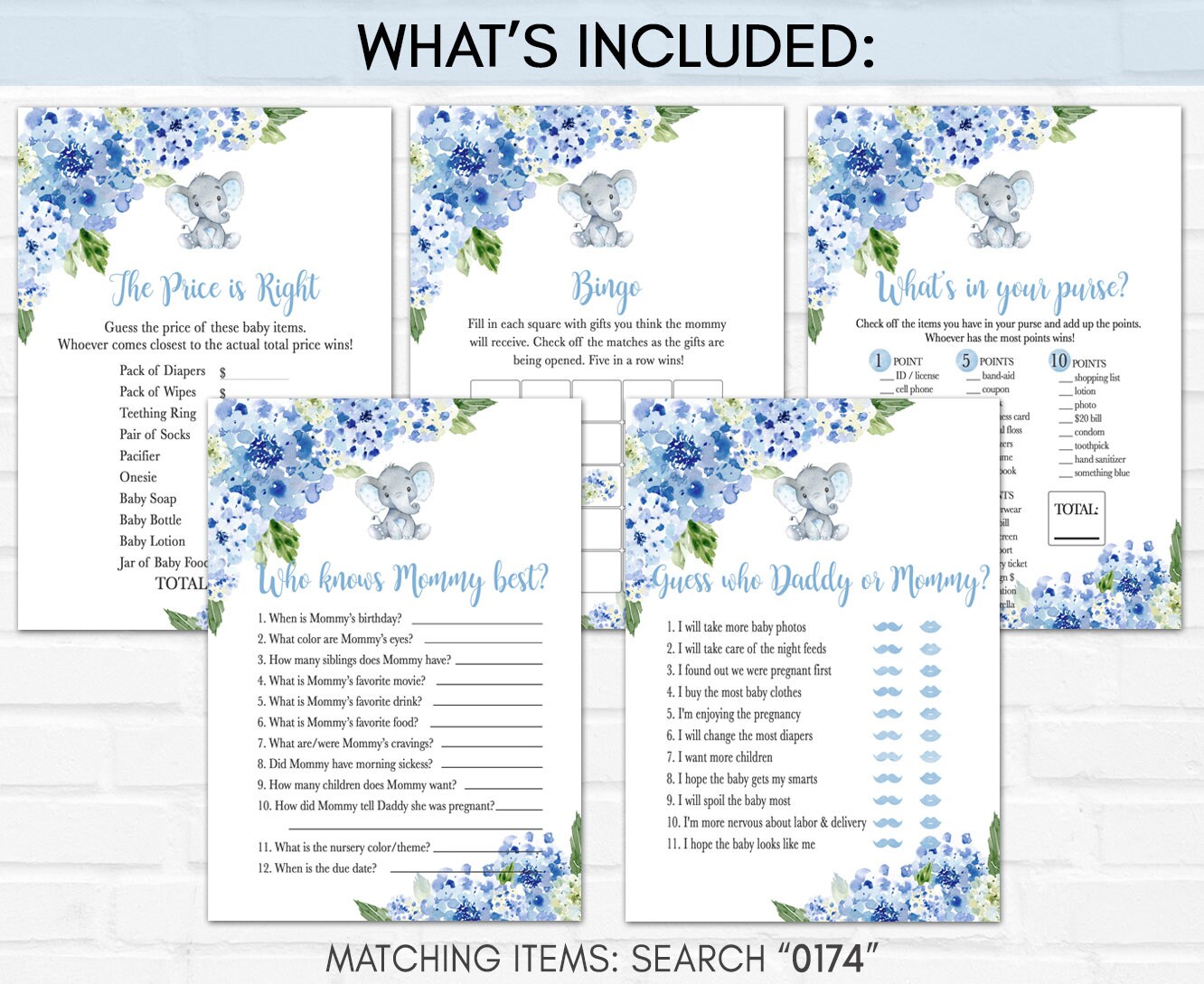 Elephant Baby Shower Game Bundle Blue Elephant Boy Baby | Etsy