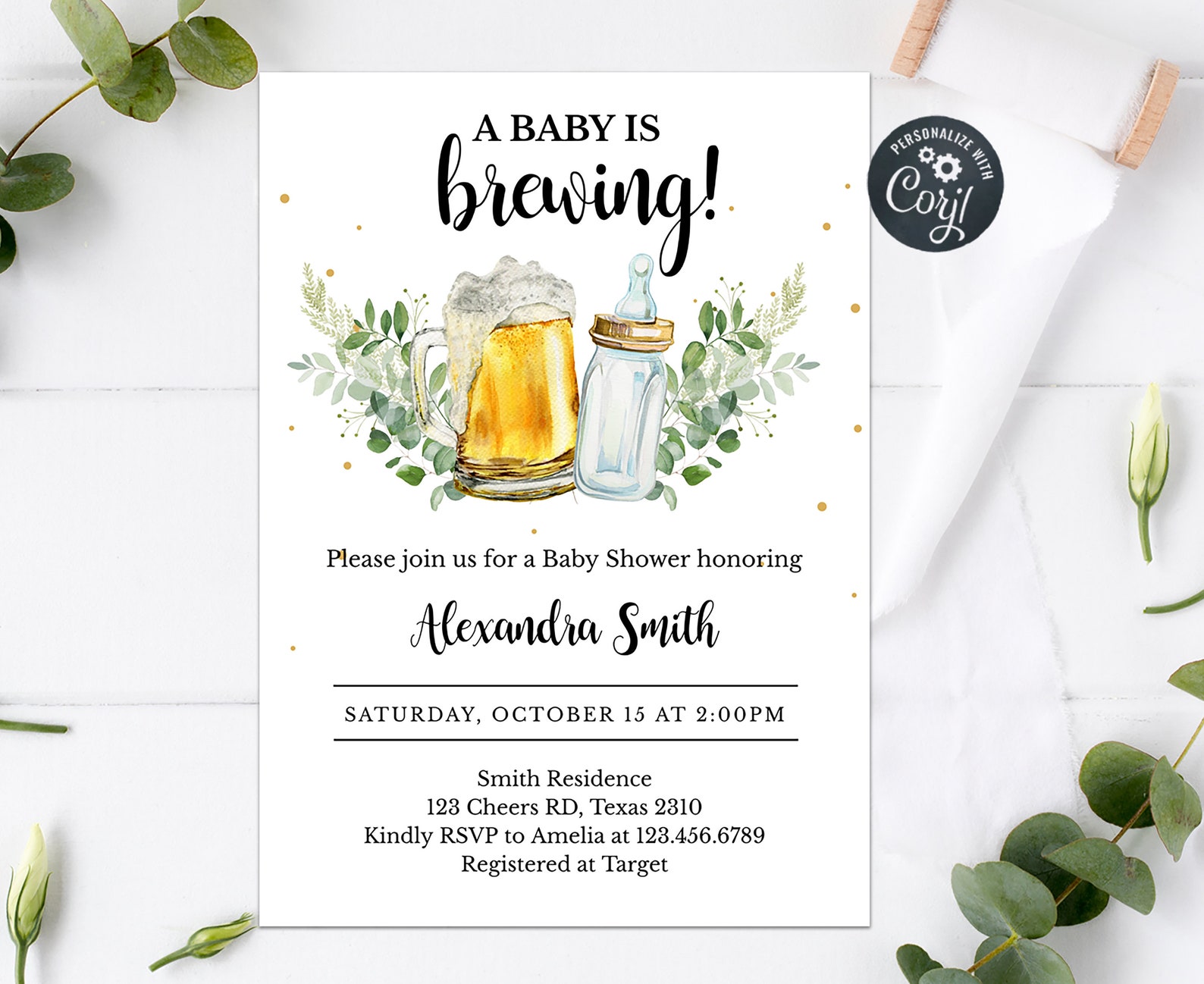 Editable A Baby is Brewing Baby Shower Invitation Set Bottle and Beer ...