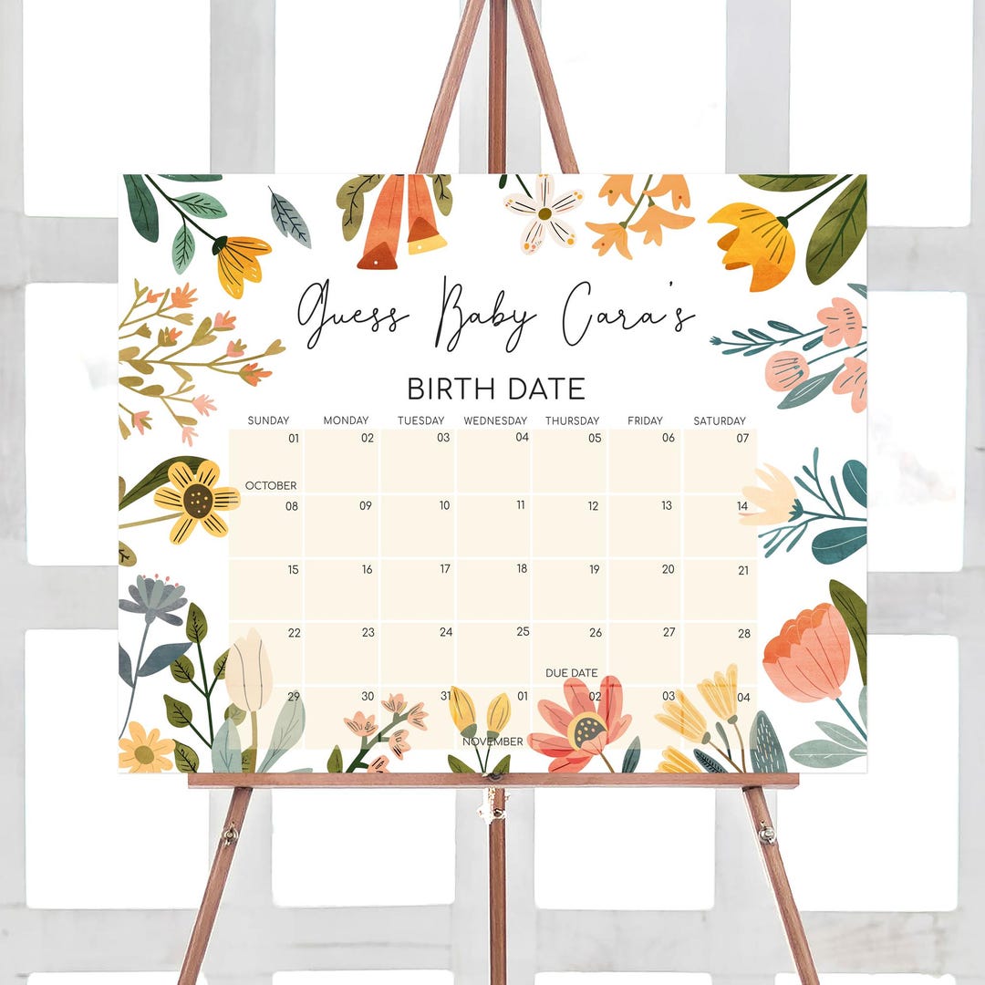 Editable A Little Wildflower Baby Shower Due Date Calendar, Spring ...