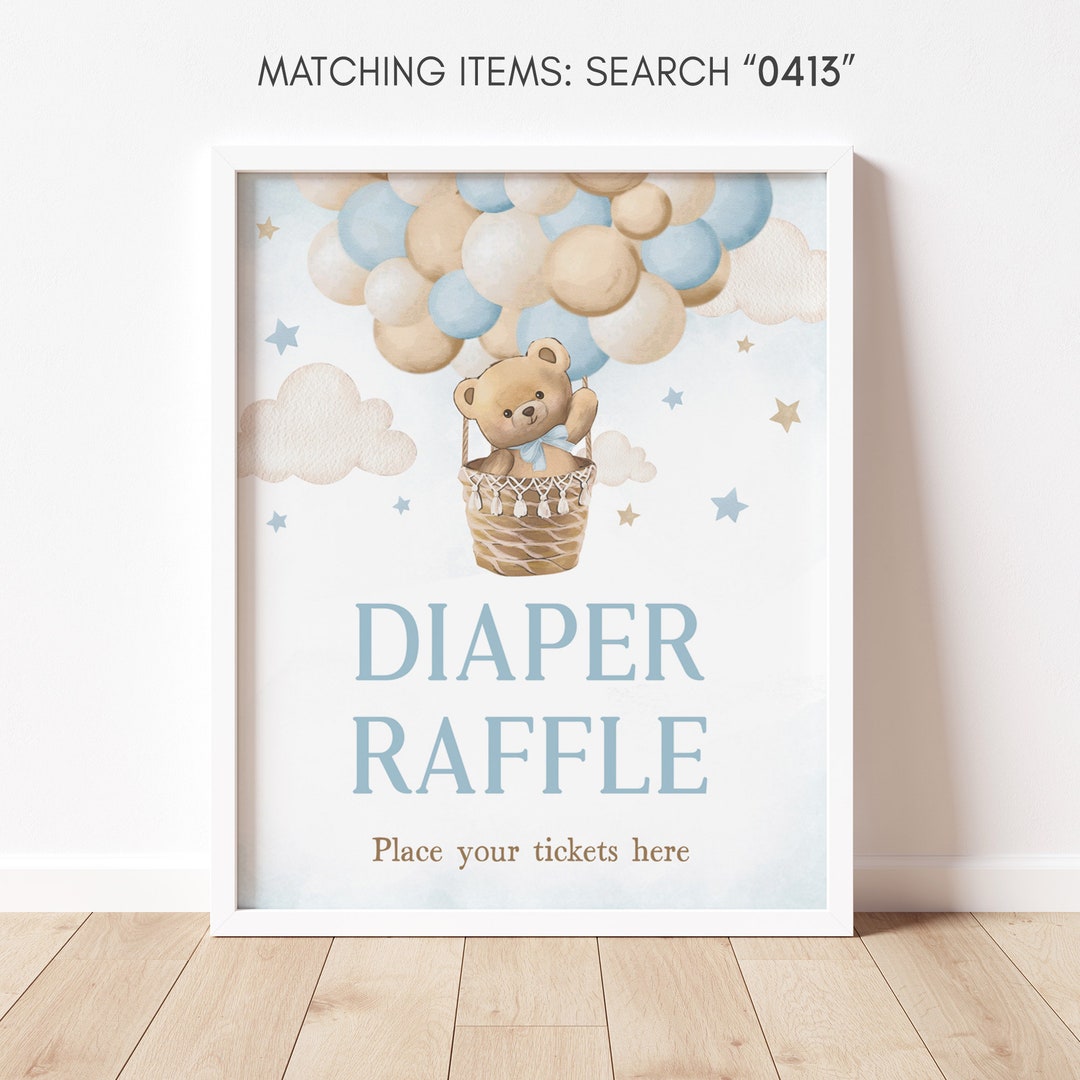Diaper Raffle Sign Teddy Bear Hot Air Balloon Baby Shower, We Can ...