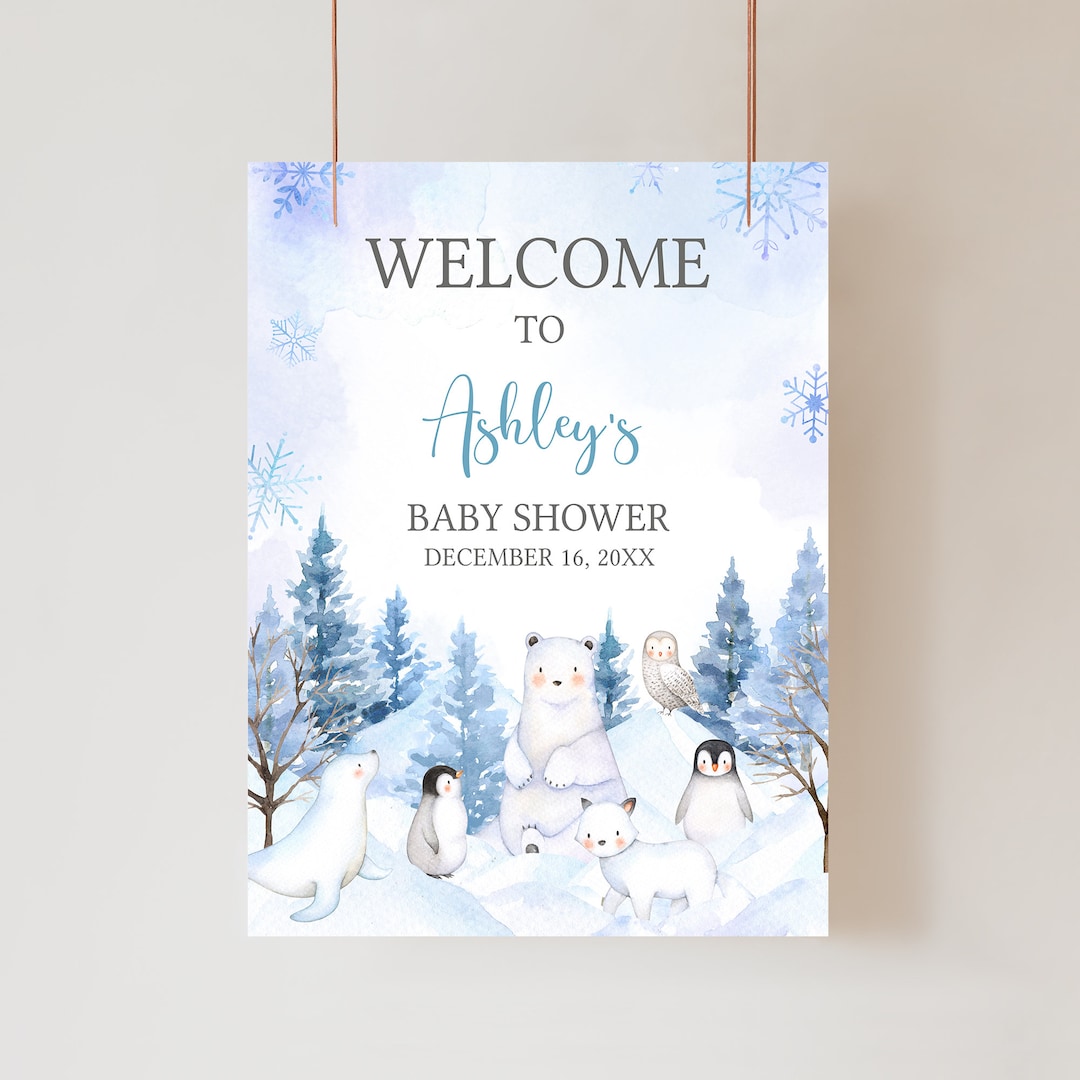 Editable Winter Arctic Animals Baby Shower Welcome Sign, Blue Baby It's ...