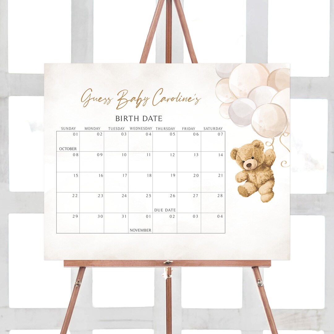 Editable Bear Balloons Baby Shower Due Date Calendar We Can Bearly Wait ...