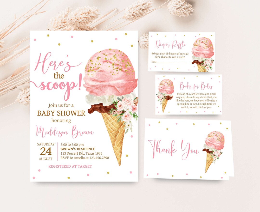 Editable Here's the Scoop Baby Shower Invitation Bundle, Pink Ice Cream ...