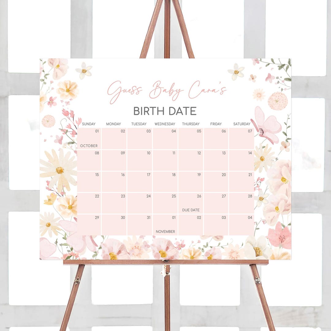 Editable Baby in Bloom Baby Shower Due Date Calendar, Wildflower Spring ...