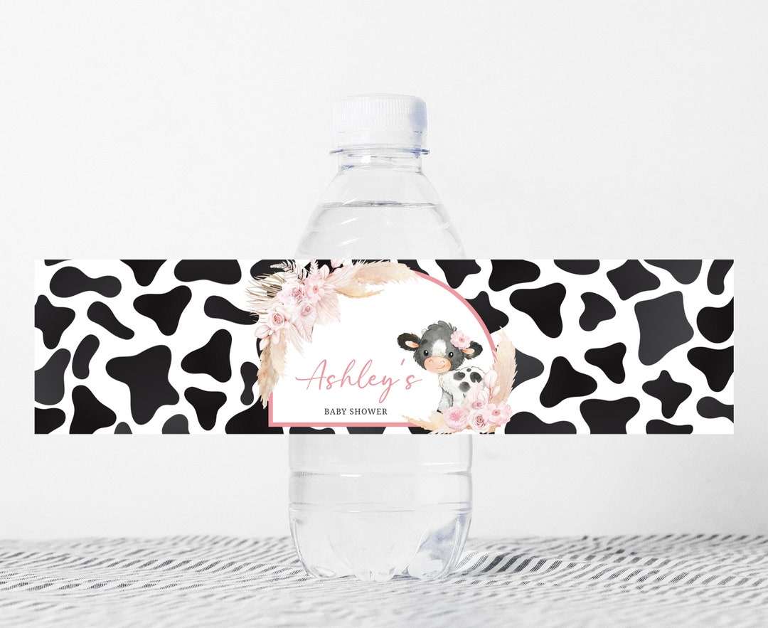 Editable Pink Cow Baby Shower Bottle Label, Girl Holy Cow Baby Shower ...