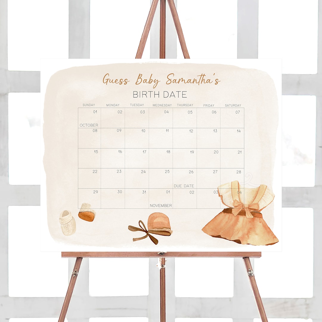 Editable Girl Baby Clothes Baby Shower Due Date Calendar, Sweet Baby ...