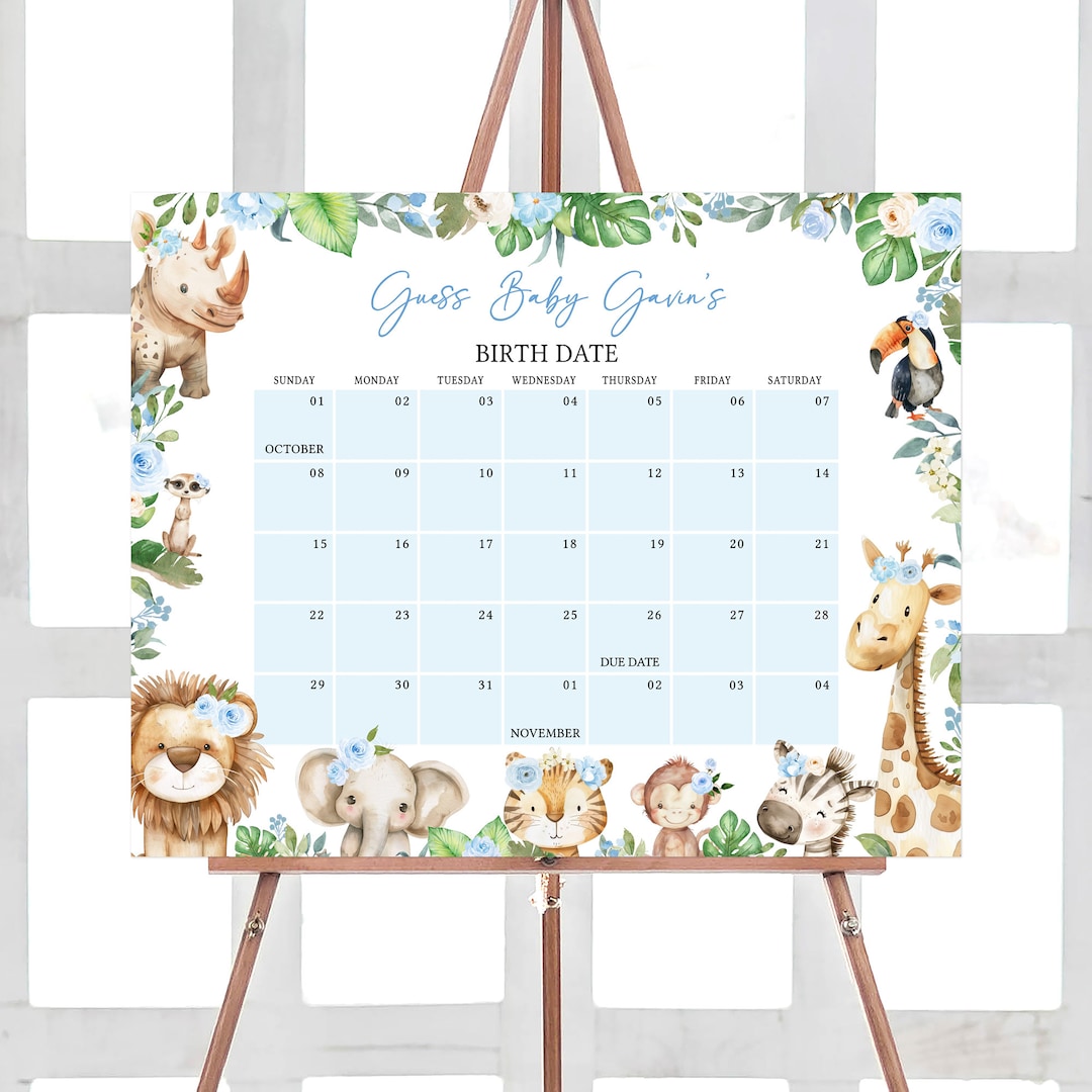 Editable Wild One Safari Baby Shower Due Date Calendar, Blue Floral ...