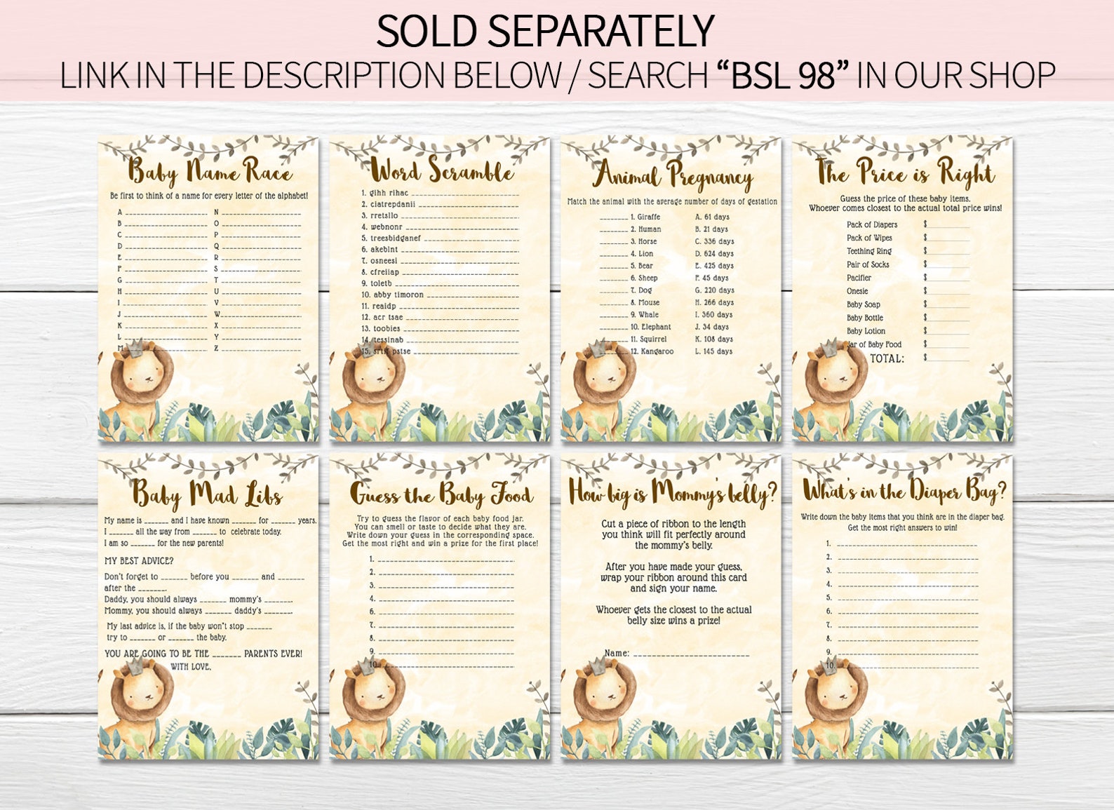 Lion Baby Shower Games Pack, Baby Lion Games Bundle, Animal Baby Shower ...