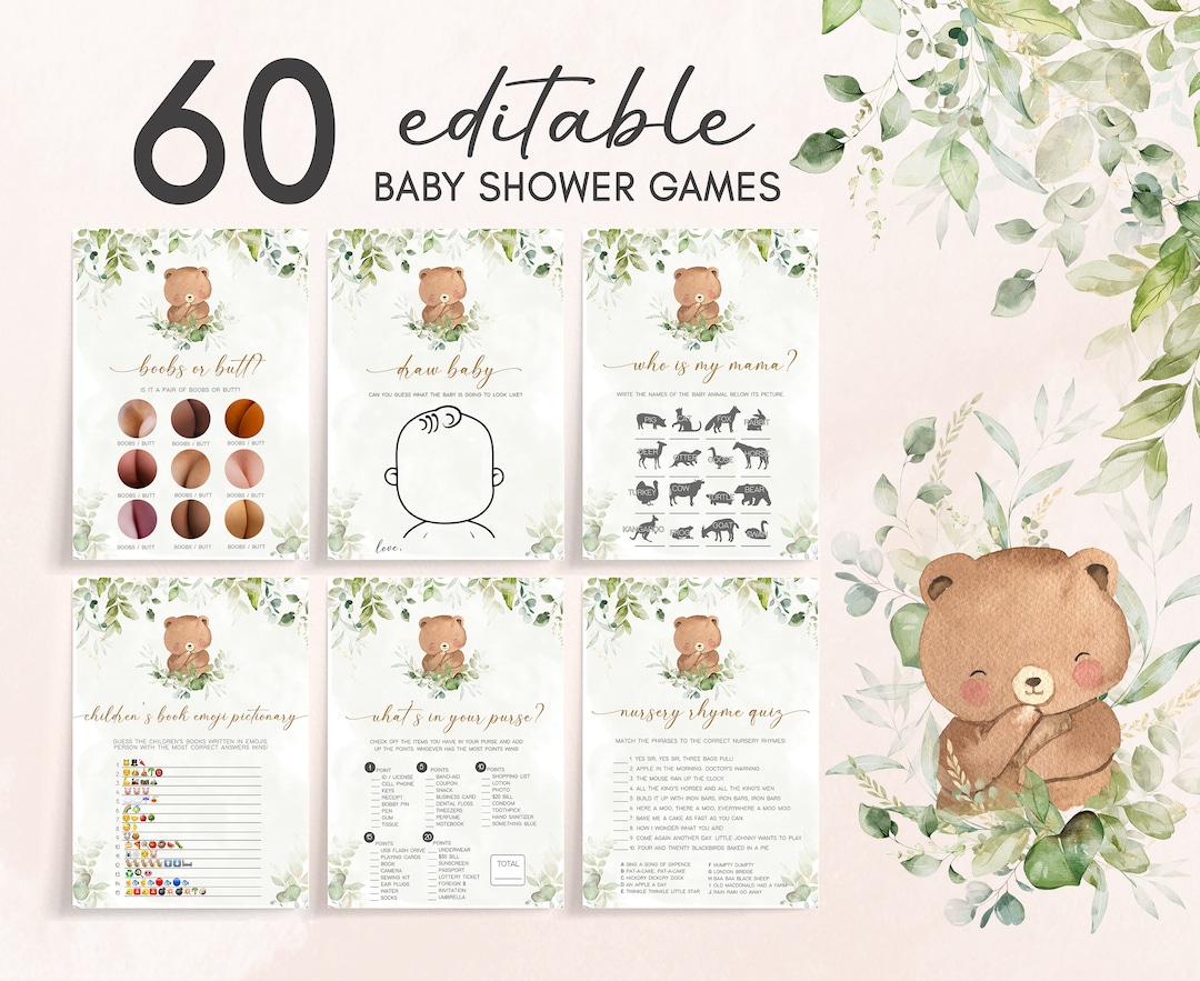 Editable Bear Baby Shower Games Bundle Teddy Bear Baby Shower Game Pack Gender Neutral Greenery ...