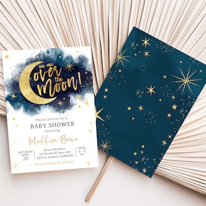 Editable We Are Over the Moon Baby Shower Invitation, Boy Moon and ...