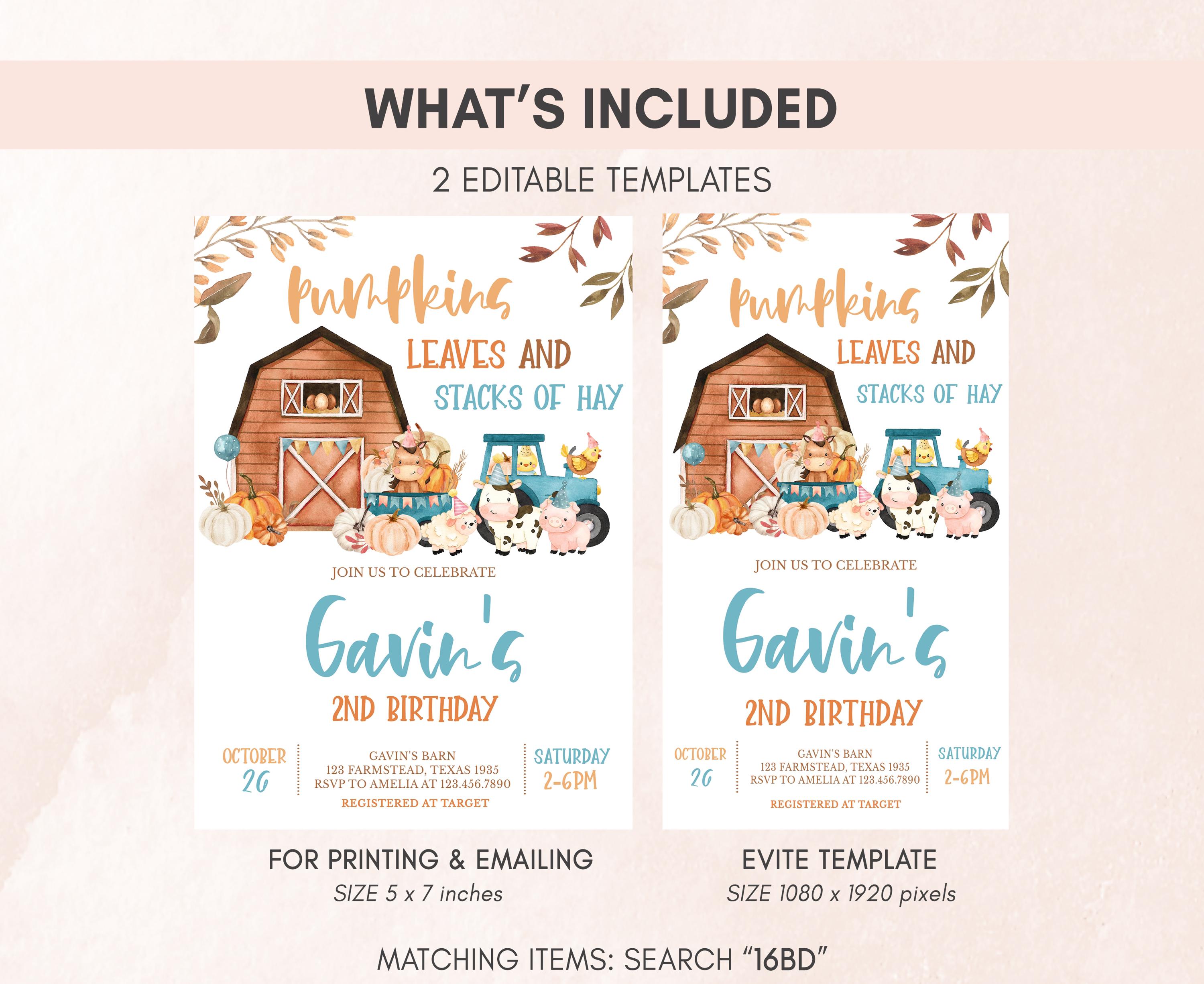 Editable Farm Animal Birthday Invitation, Pumpkin Bales of Hay Invite ...