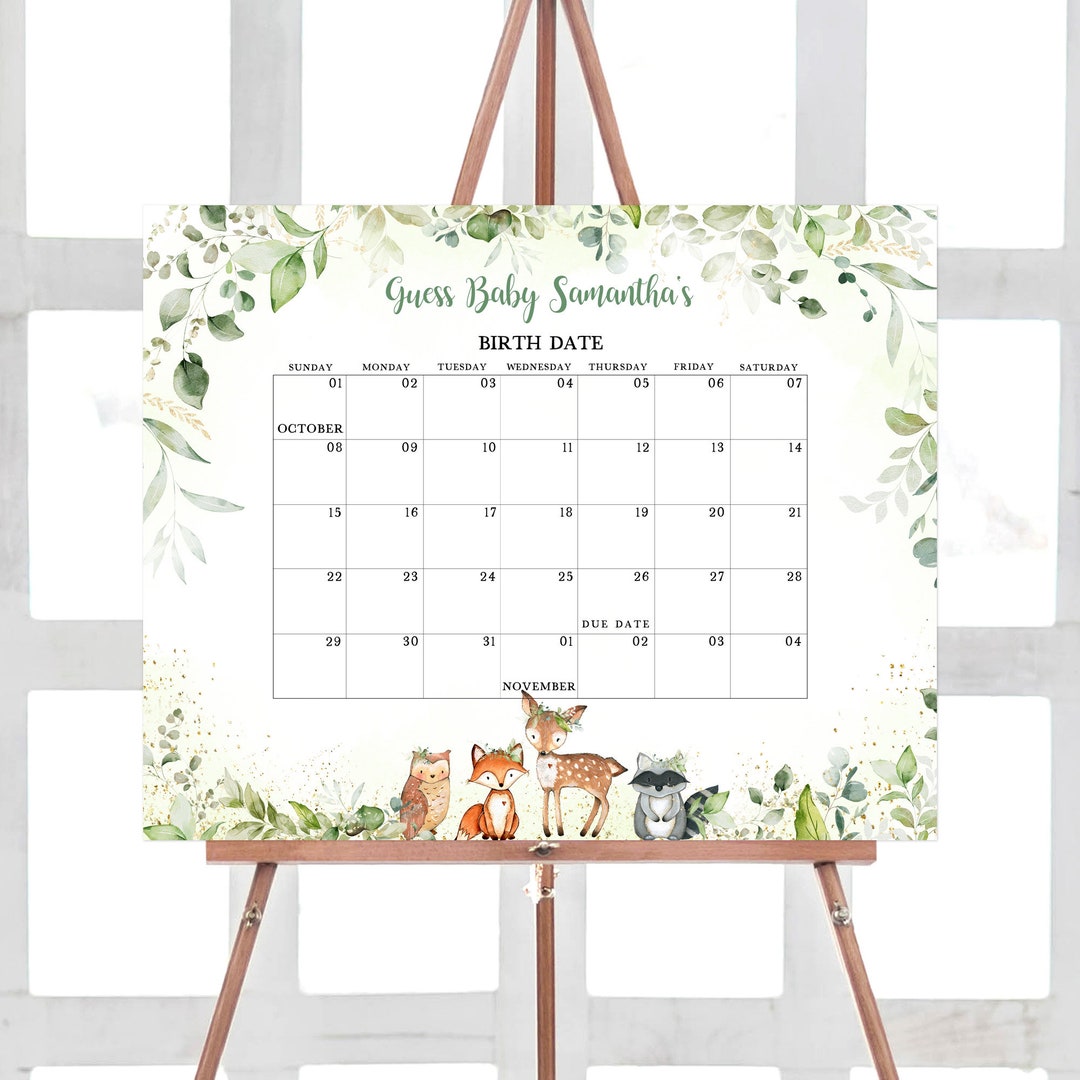 Editable Woodland Baby Shower Due Date Calendar, Greenery Woodland ...