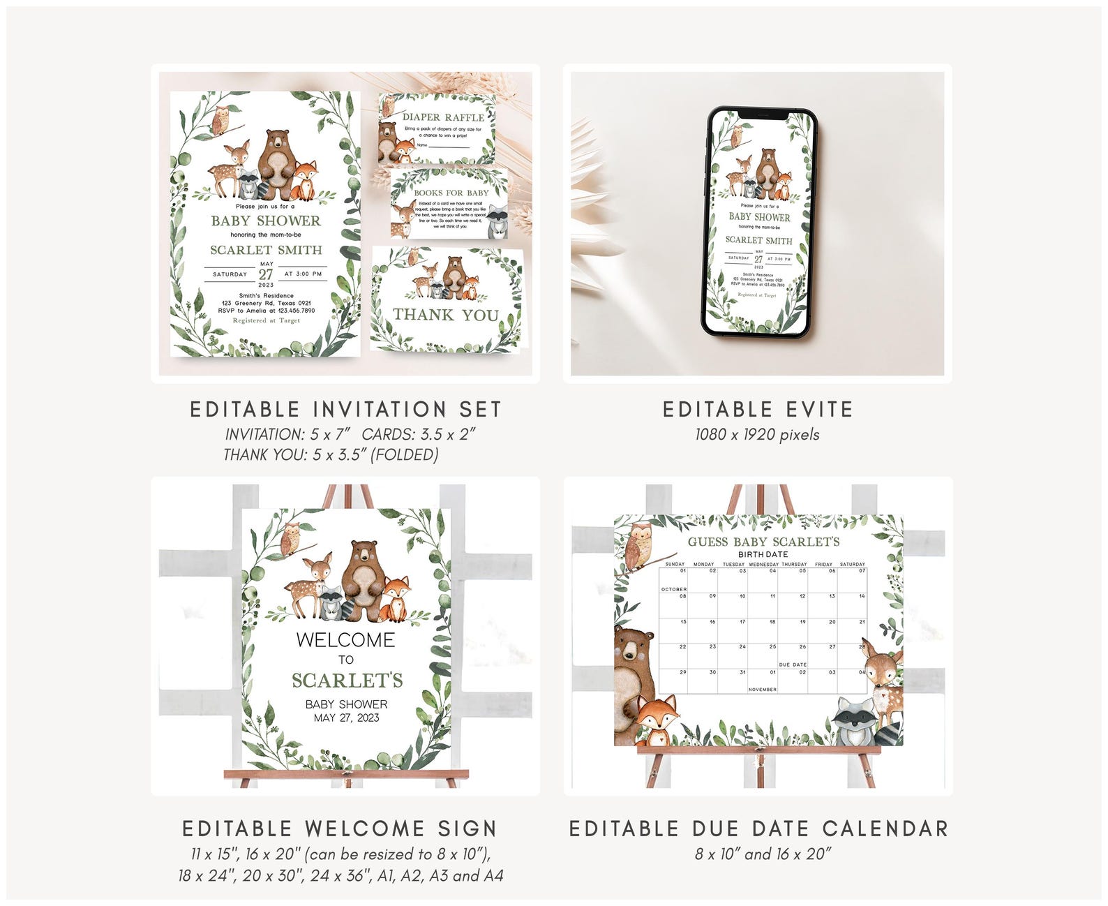 Editable Woodland Baby Shower Bundle, Woodland Animals Baby Shower Pack ...