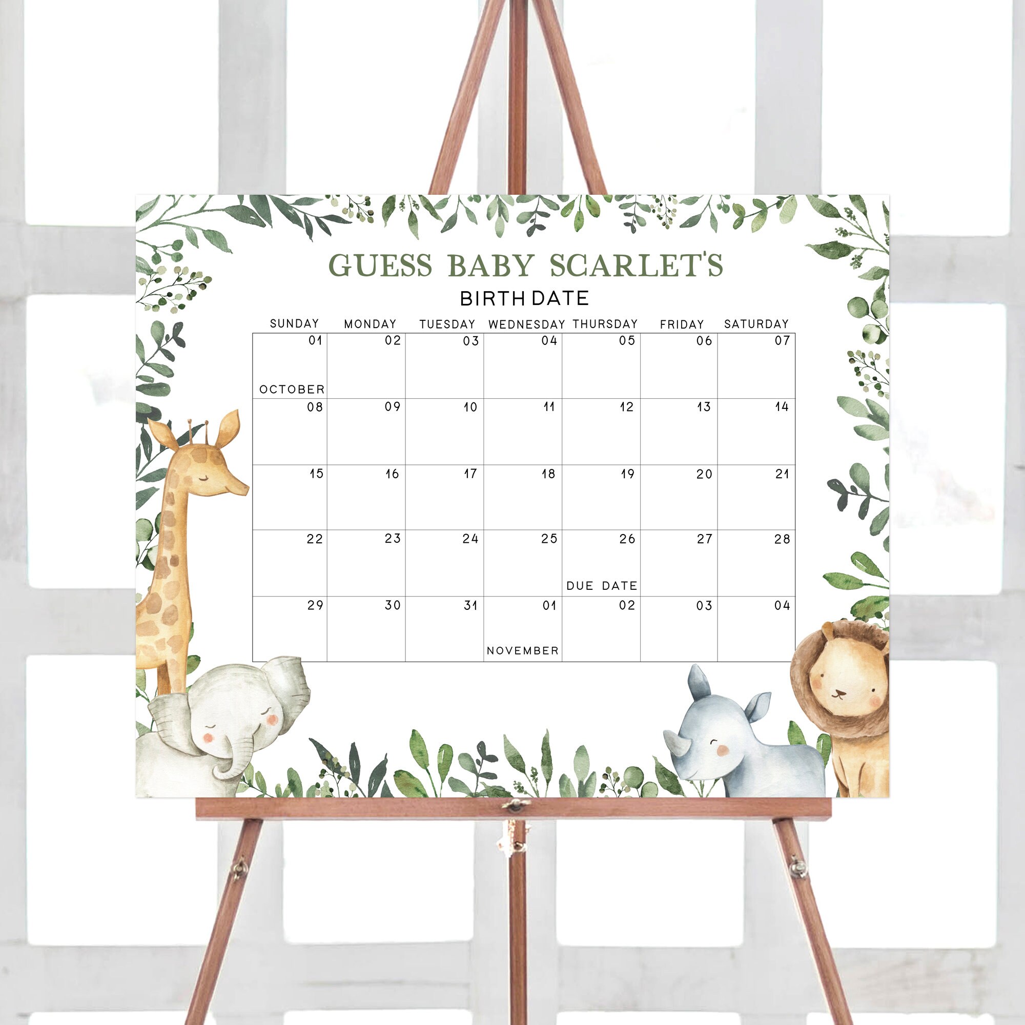 Editable Safari Baby Shower Due Date Calendar, Jungle Baby Shower ...