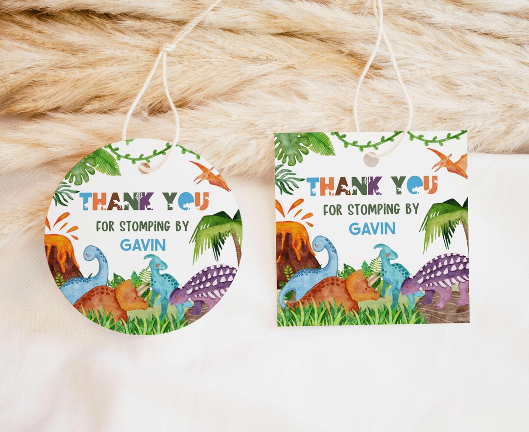 Editable Dinosaur Birthday Round Favor Tag, Stomp Chomp and Roar ...