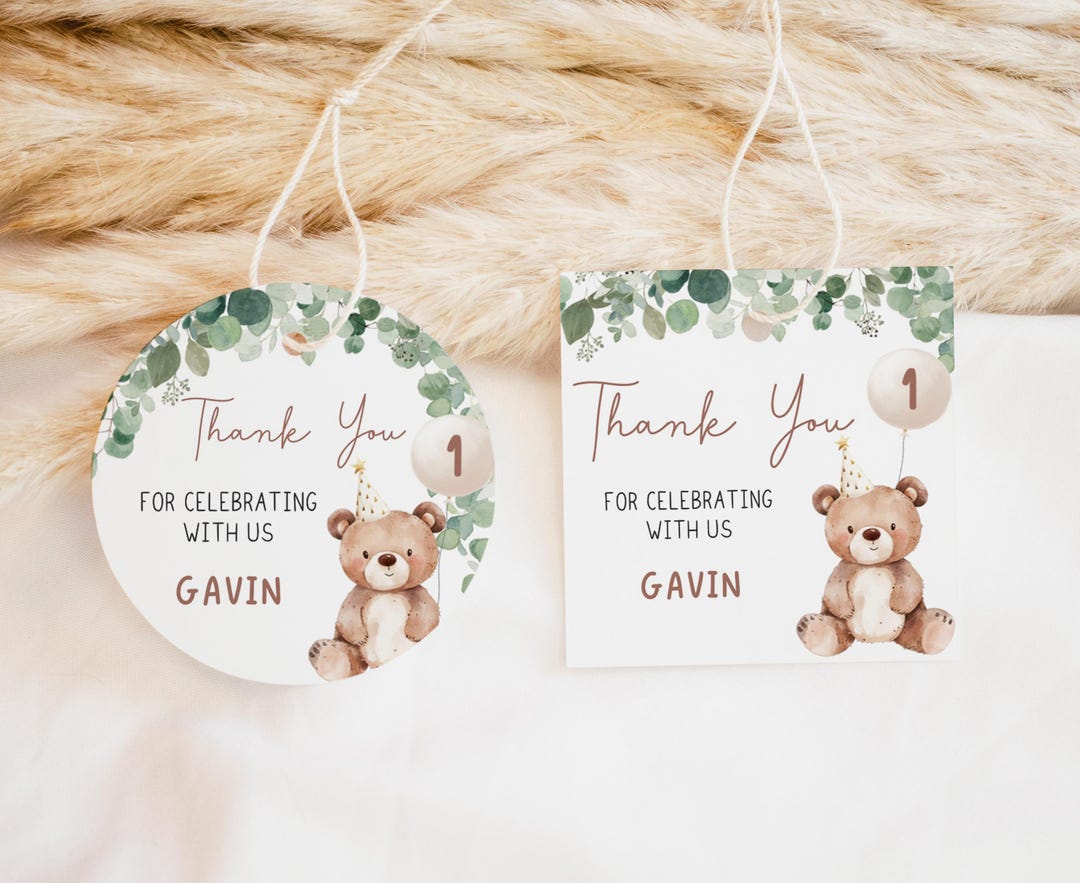 Editable Greenery Bear Birthday Round Favor Tag, Beary First Birthday ...
