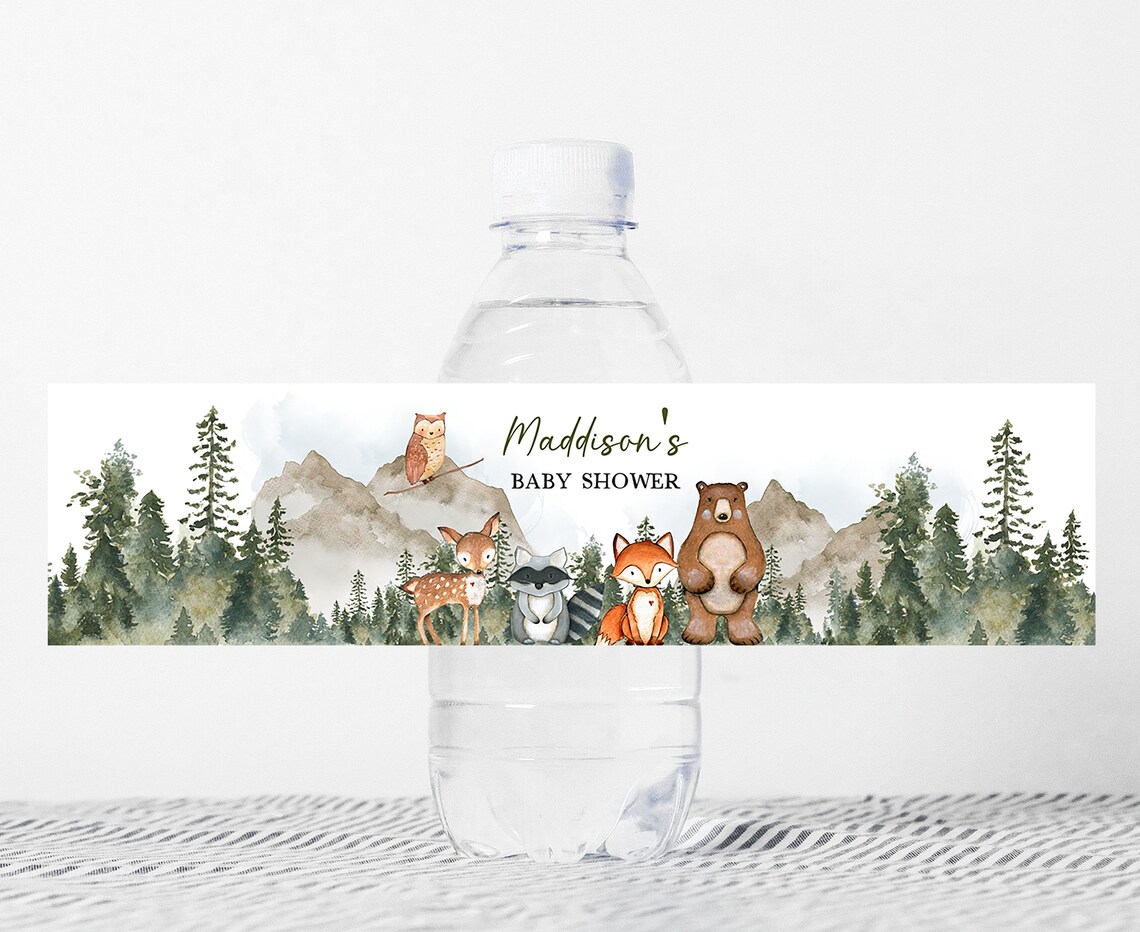 Editable Adventure Awaits Baby Shower Water Bottle Labels Woodland ...