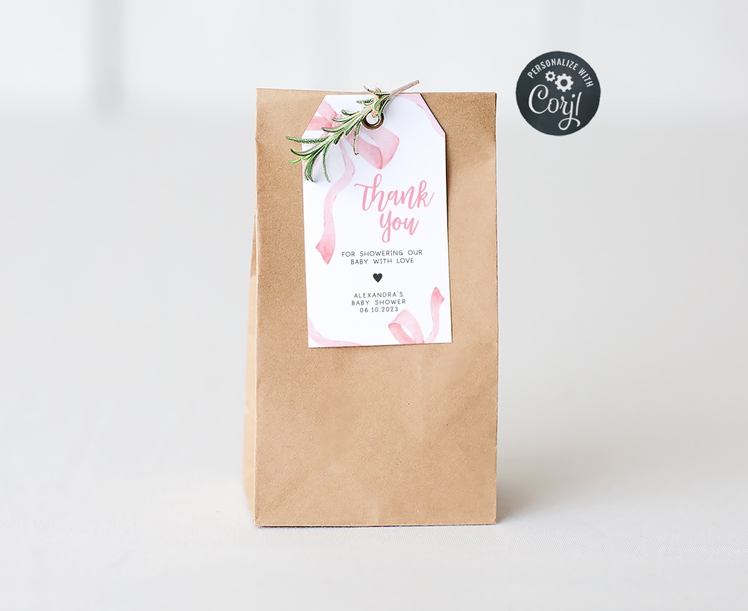 Editable Pink Baby Shower Favor Tag, Pink Bow Minimalist Baby Shower ...