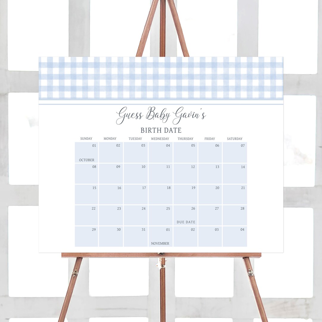 Editable Blue Gingham Baby Shower Due Date Calendar, Boy Picnic Baby ...