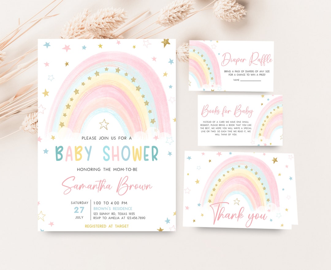 Editable Rainbow Baby Shower Invitation Bundle, Boho Rainbow Baby ...