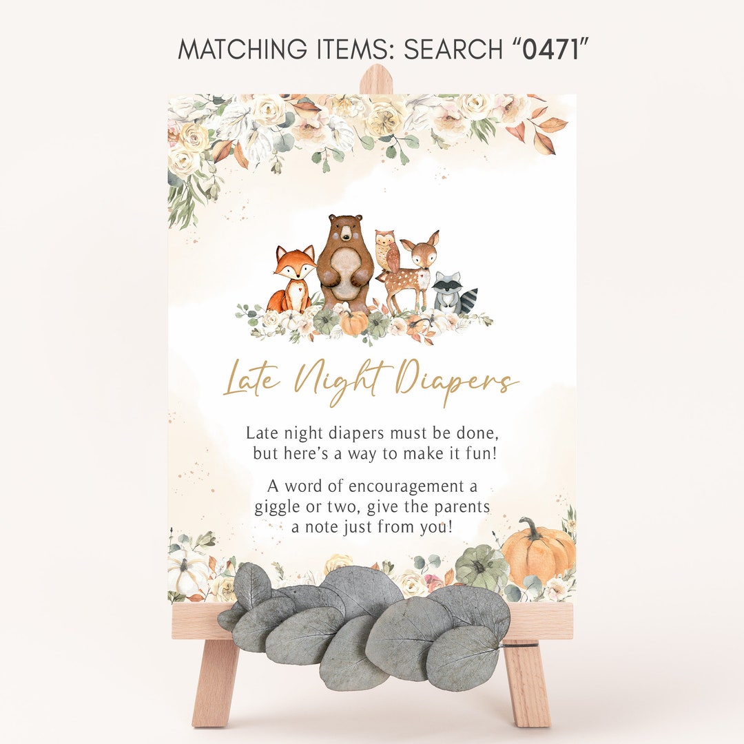 Late Night Diapers Sign Fall Pumpkin Woodland Baby Shower, Gender ...